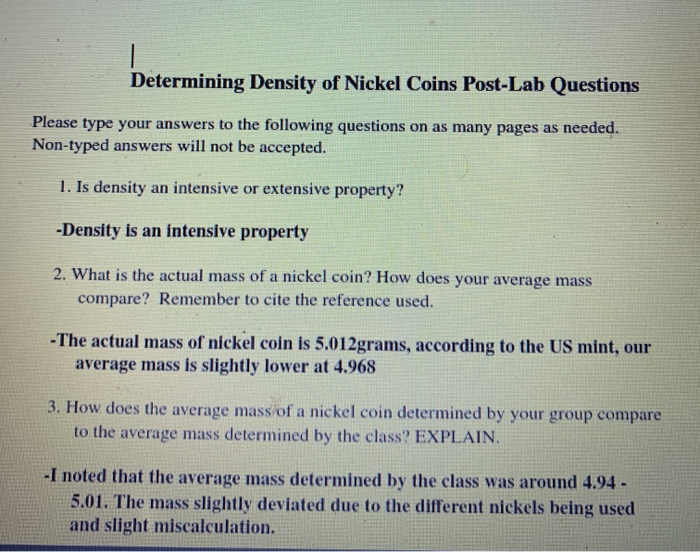 Determining Density of Nickel Coins Post-Lab | Chegg.com