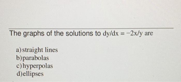 Solved The graphs of the solutions to dy/dx = -2x/y are a) | Chegg.com