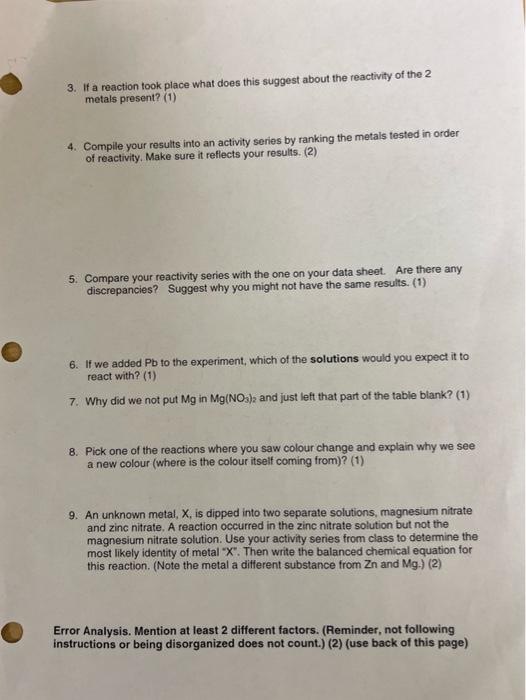 Solved Developing An Activity Series Lab Purpose: to develop | Chegg.com