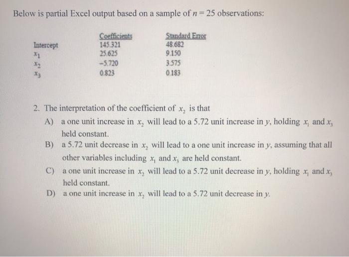 Solved Below is partial Excel output based on a sample of n | Chegg.com