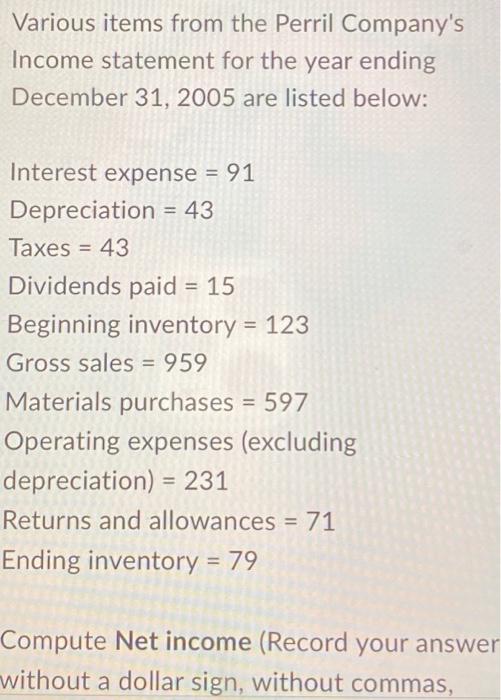 Solved Various items from the Perril Company's Income | Chegg.com