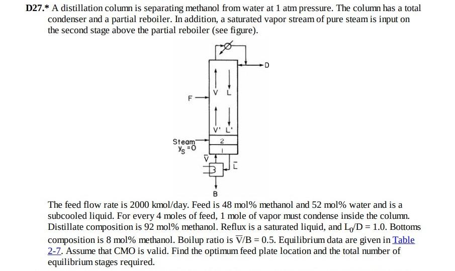 Solved D27.* A distillation column is separating methanol | Chegg.com