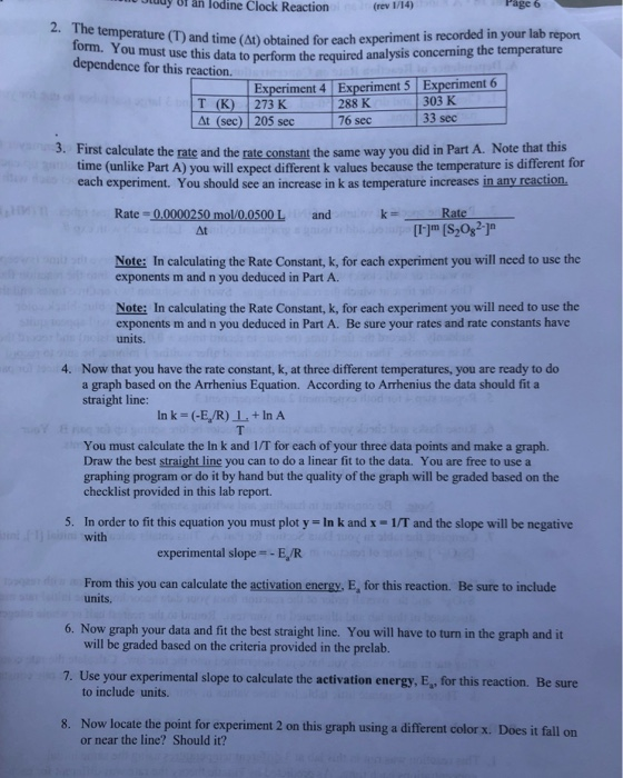 Experiment 16. A Kinetic Study of an Iodine Clock | Chegg.com