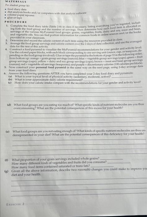 Solved PROCEDURE 1. Complefe the food diary table (Table 2 | Chegg.com