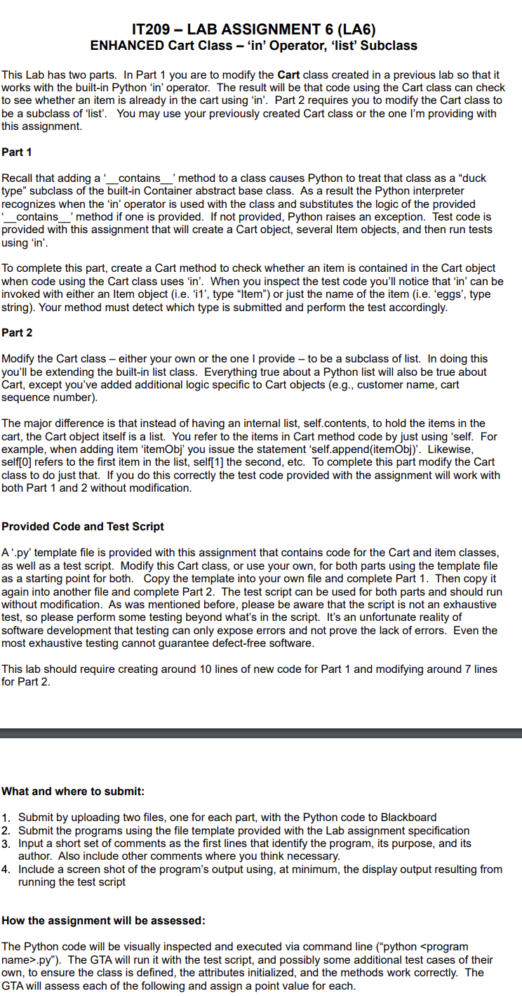 Solved IT209 - ﻿LAB ASSIGNMENT 6 (LA6)ENHANCED Cart Class | Chegg.com