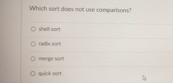 Solved Which sort does not use comparisons?shell sortradix | Chegg.com