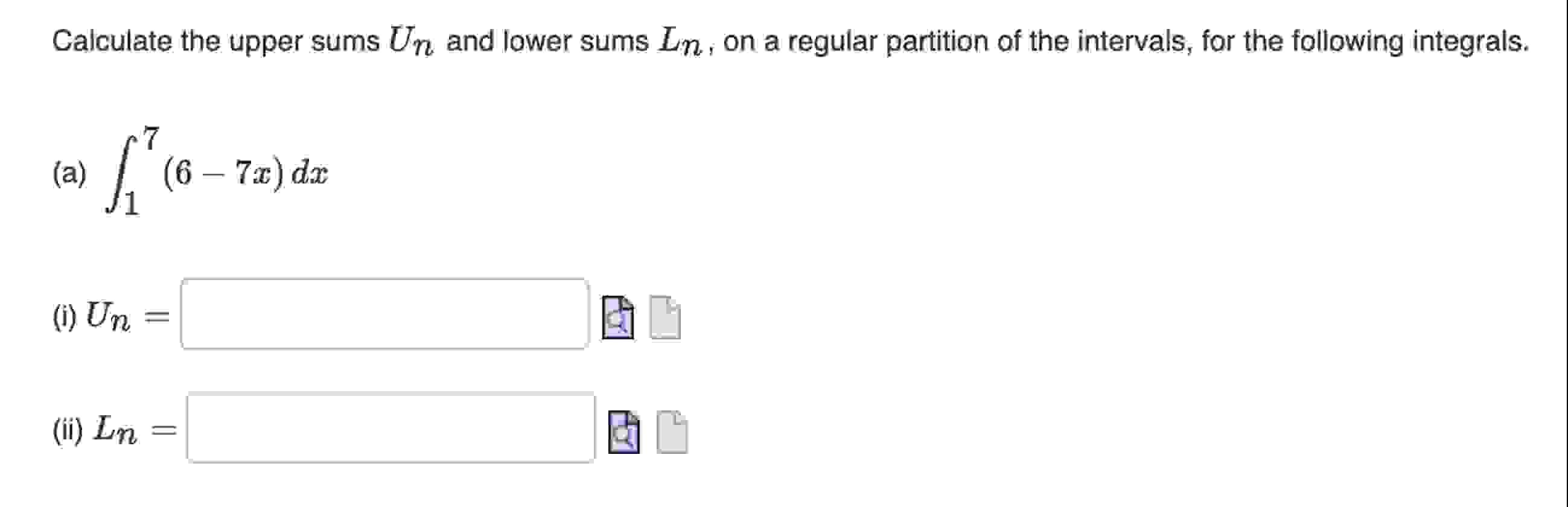 Solved Calculate the upper sums Un ﻿and lower sums Ln, ﻿on a | Chegg.com