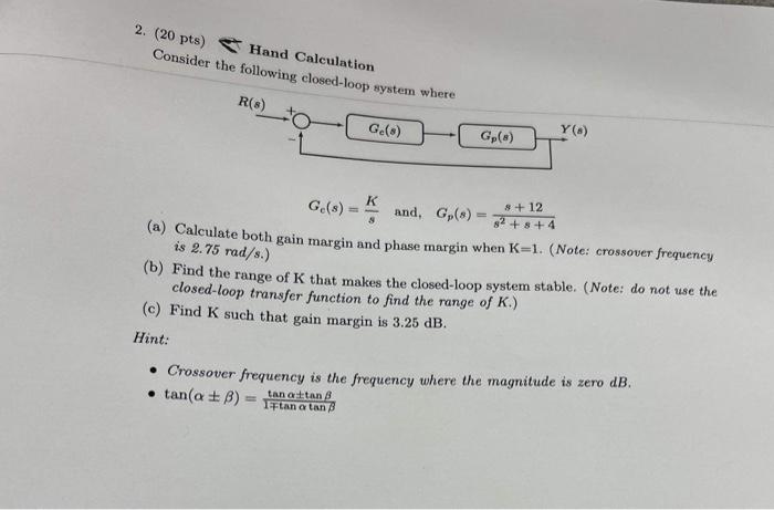 Solved 2. (20 pts) F Hand Calculation Consider the following | Chegg.com