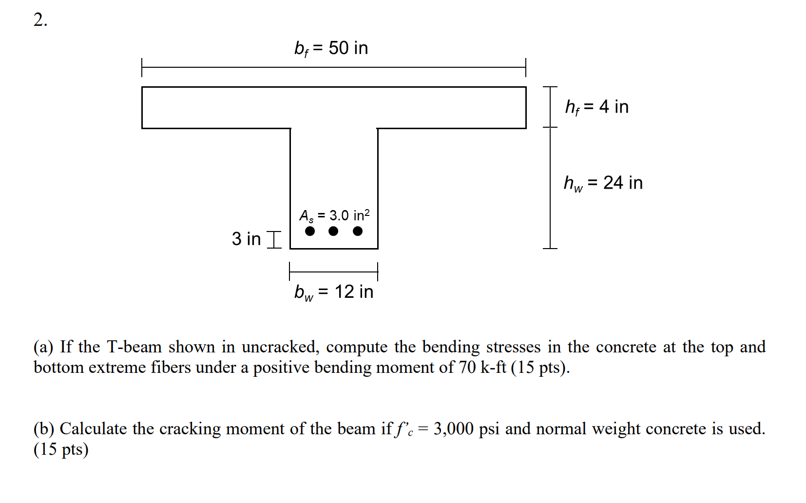 Solved (a) ﻿If the T-beam shown in uncracked, compute the | Chegg.com