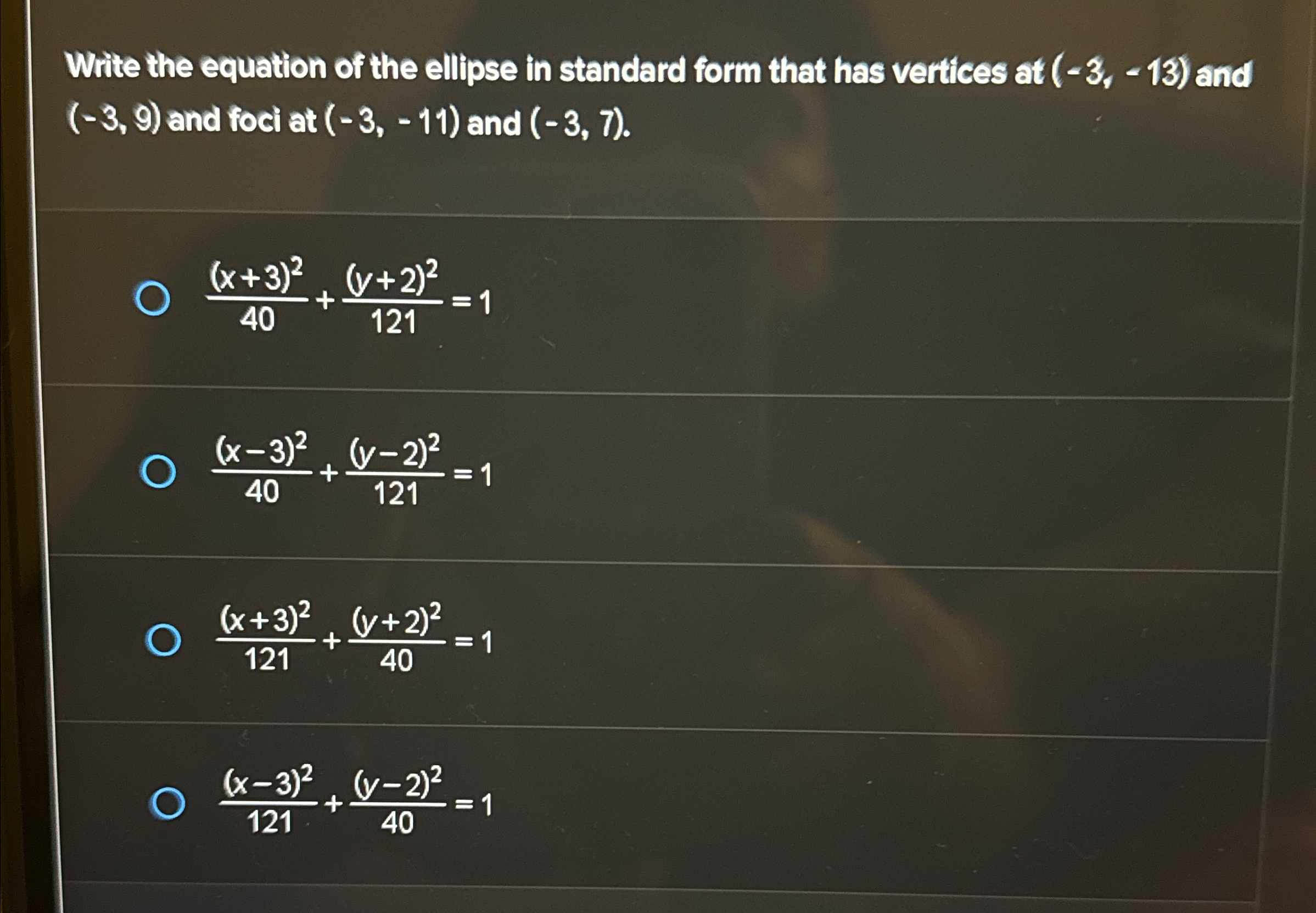 Solved Write the equation of the ellipse in standard form | Chegg.com