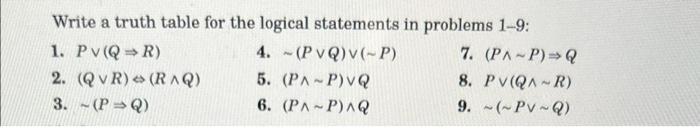 Solved Write a truth table for the logical statements in | Chegg.com