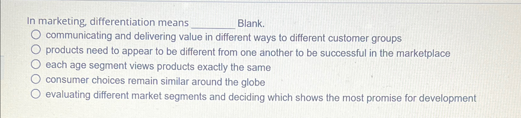 Solved In marketing, differentiation | Chegg.com