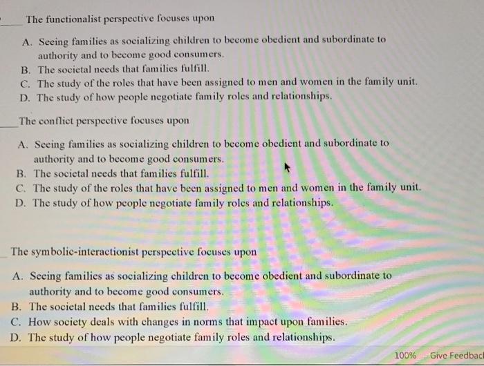 Solved The functionalist perspective focuses upon A. Seeing | Chegg.com