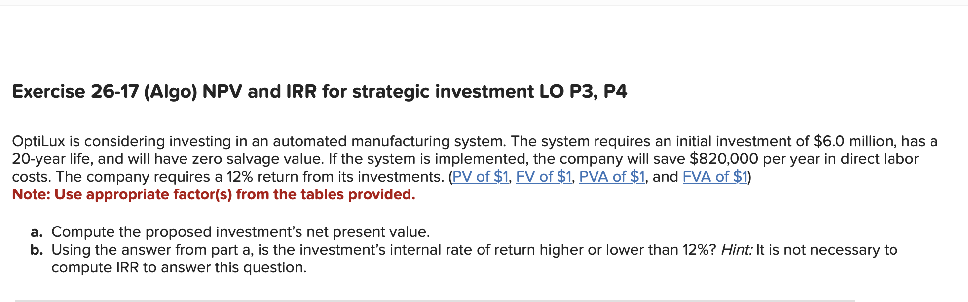 Solved Exercise 26-17 (Algo) ﻿NPV and IRR for strategic | Chegg.com
