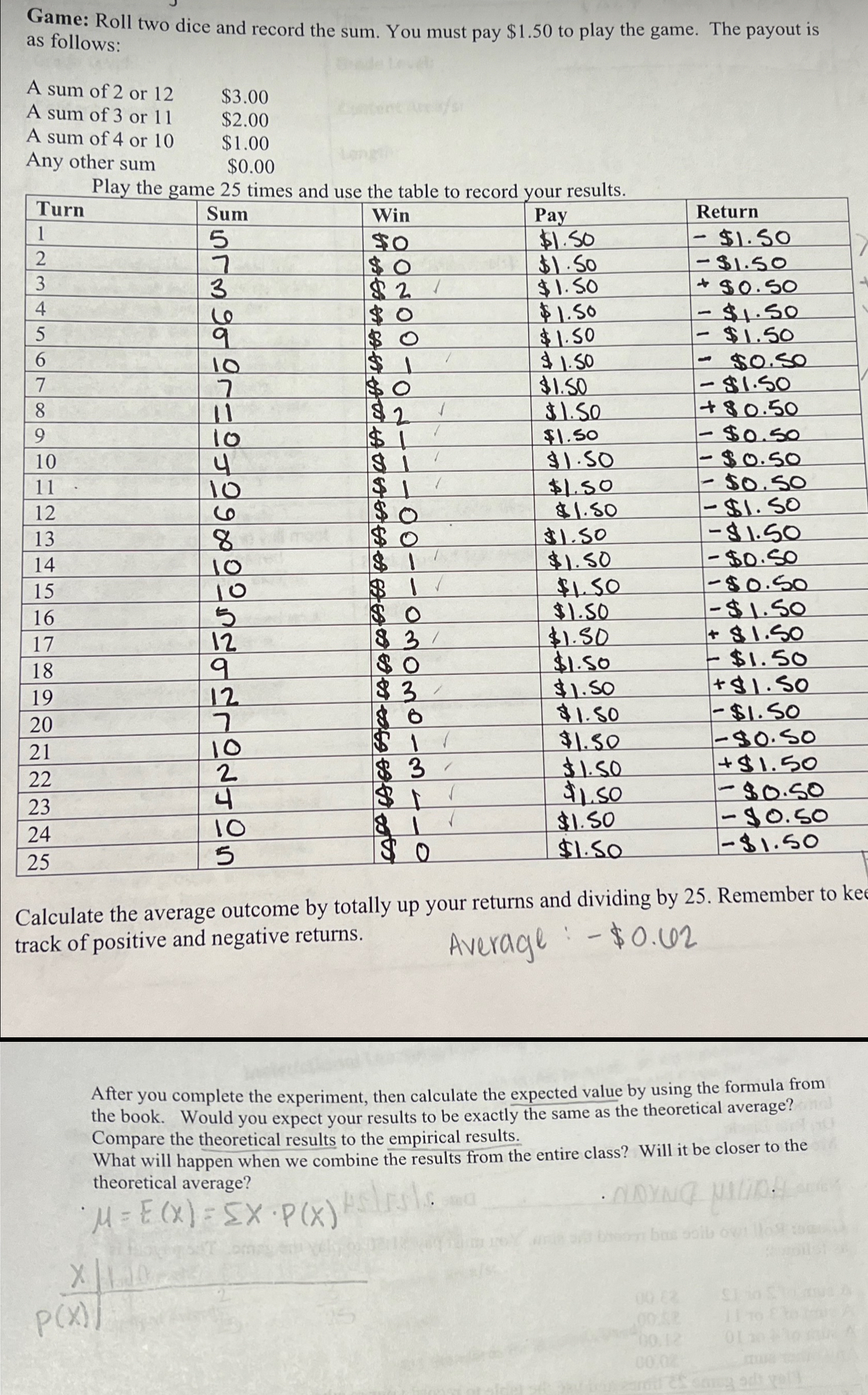 Solved Game: Roll two dice and record the sum. You must pay | Chegg.com