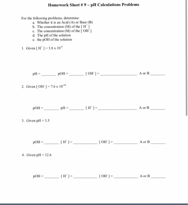 Solved pH Calculation Problemsif someone can do all the | Chegg.com