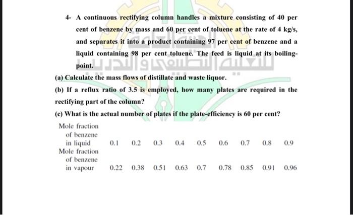 Solved 4- A continuous rectifying column handles a mixture | Chegg.com