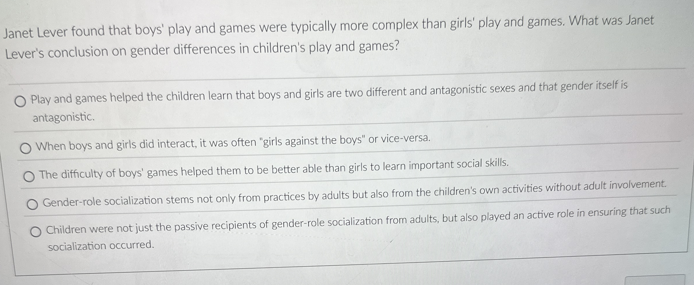 Solved Play and games helped the children learn that boys | Chegg.com