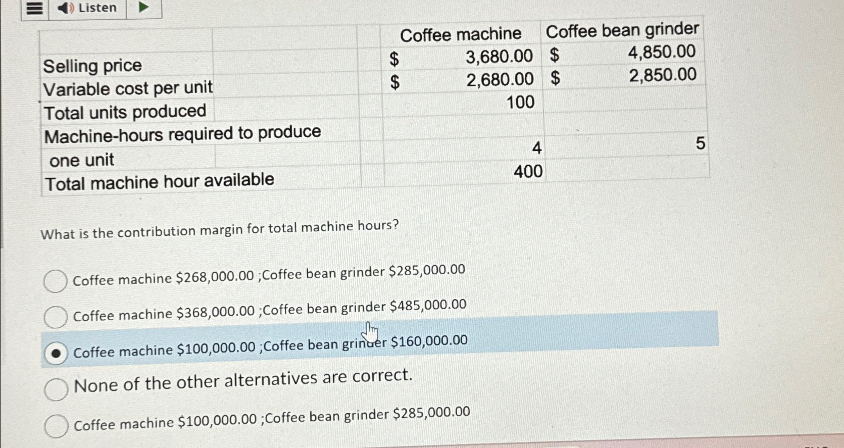 Solved Listen\table[[,Coffee machine,Coffee bean | Chegg.com