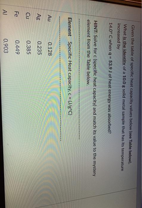 Solved Given the table of specific heat capacity values | Chegg.com