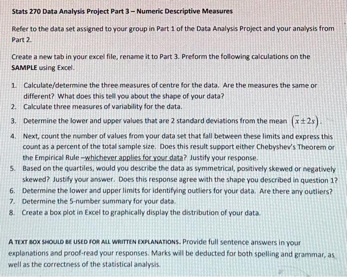 Stats 270 Data Analysis Project Part 3 - Numeric | Chegg.com