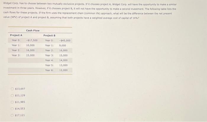 Solved Widget Corp. has to choose between two mutuoly | Chegg.com