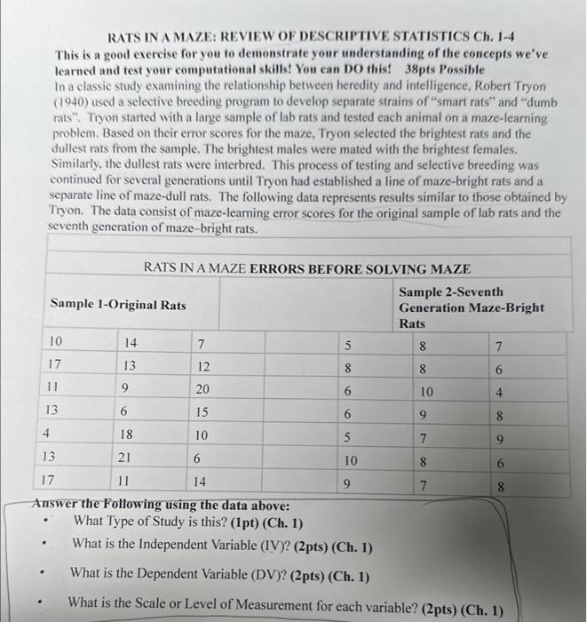 Solved RATS IN A MAZE: REVIEW OF DESCRIPTIVE STATISTICS Ch. | Chegg.com