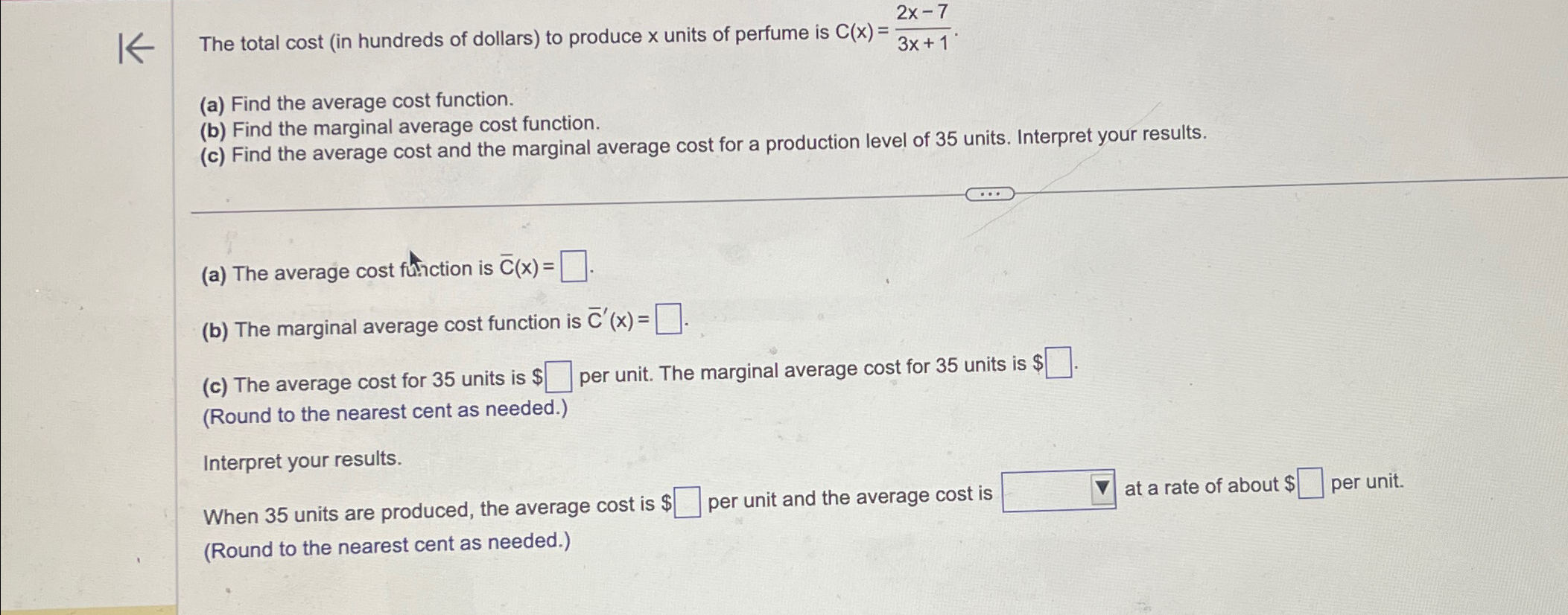 Solved The total cost (in hundreds of dollars) ﻿to produce x | Chegg.com
