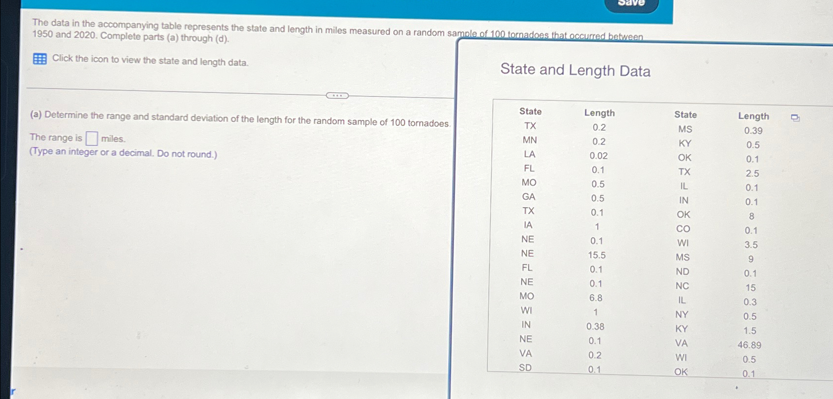 Solved The data in the accompanying table represents the | Chegg.com