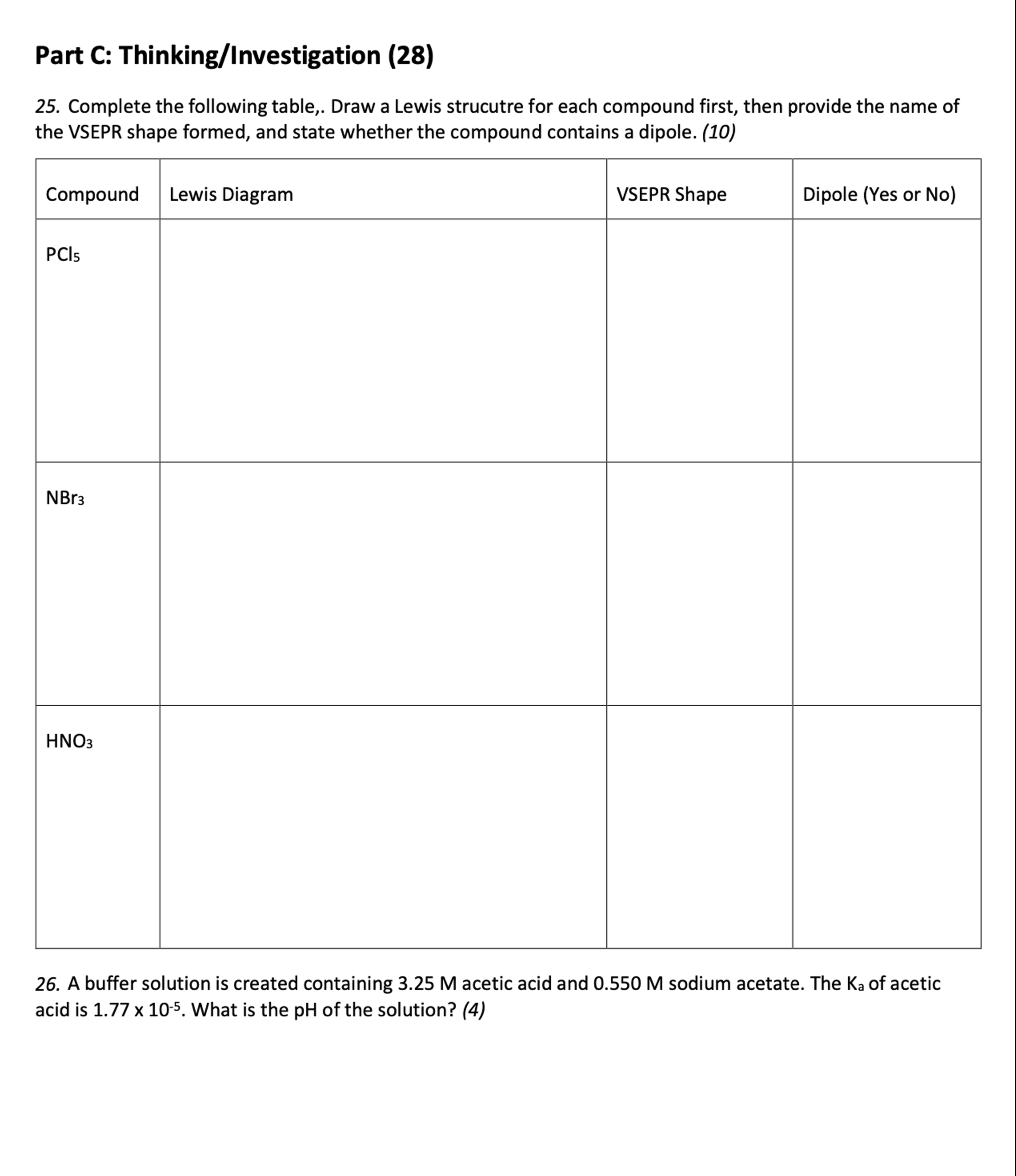 Solved Part C: Thinking/Investigation (28)Complete the | Chegg.com