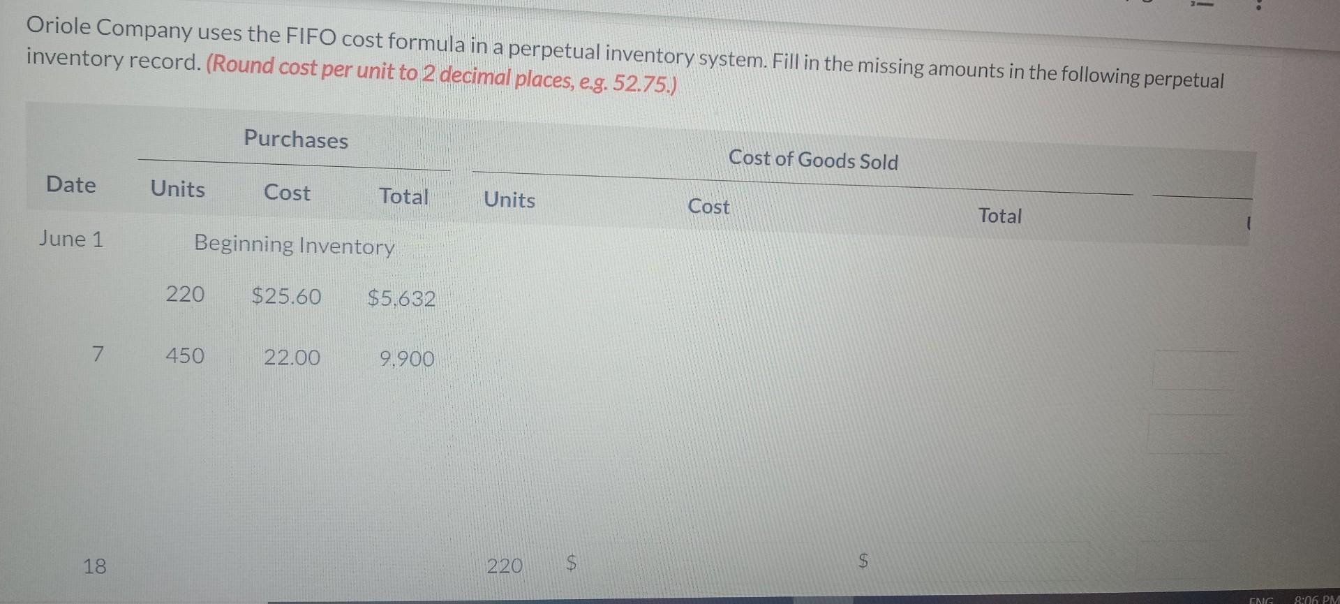 Solved Oriole Company uses the FIFO cost formula in a | Chegg.com