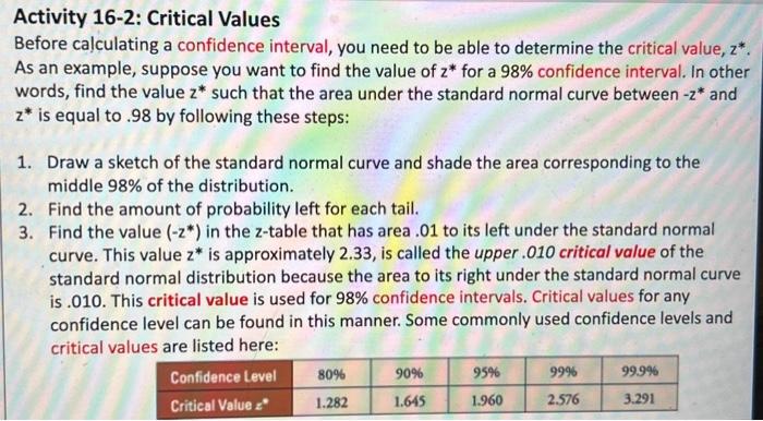 Solved Activity 16-2: Critical Values Before calculating a | Chegg.com