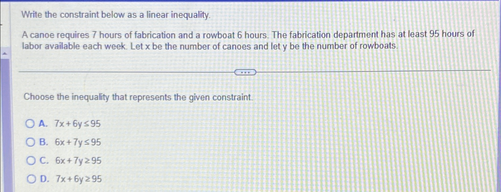 Solved Write the constraint below as a linear inequality.A | Chegg.com