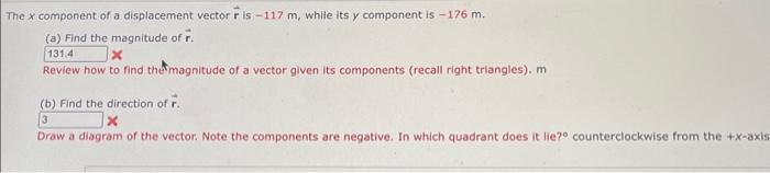 Solved The x component of a displacement vector r is −117 m, | Chegg.com
