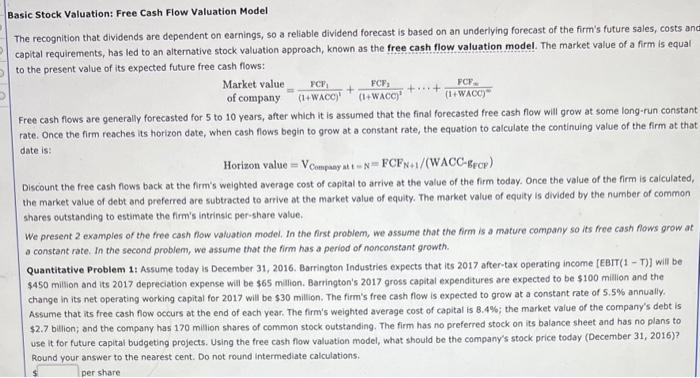 Solved Basic Stock Valuation: Free Cash Flow Valuation Model | Chegg.com