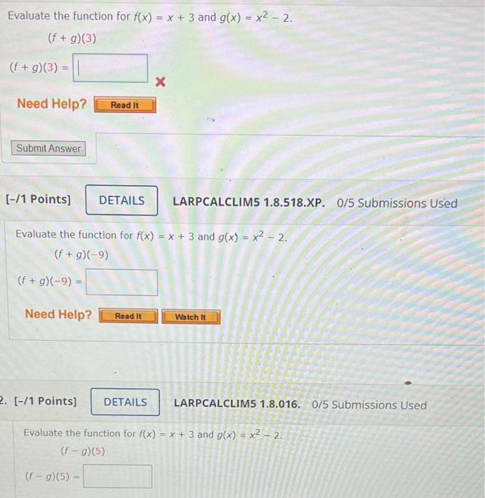 Solved Evaluate the function for f(x)=x+3 and g(x)=x2−2. | Chegg.com