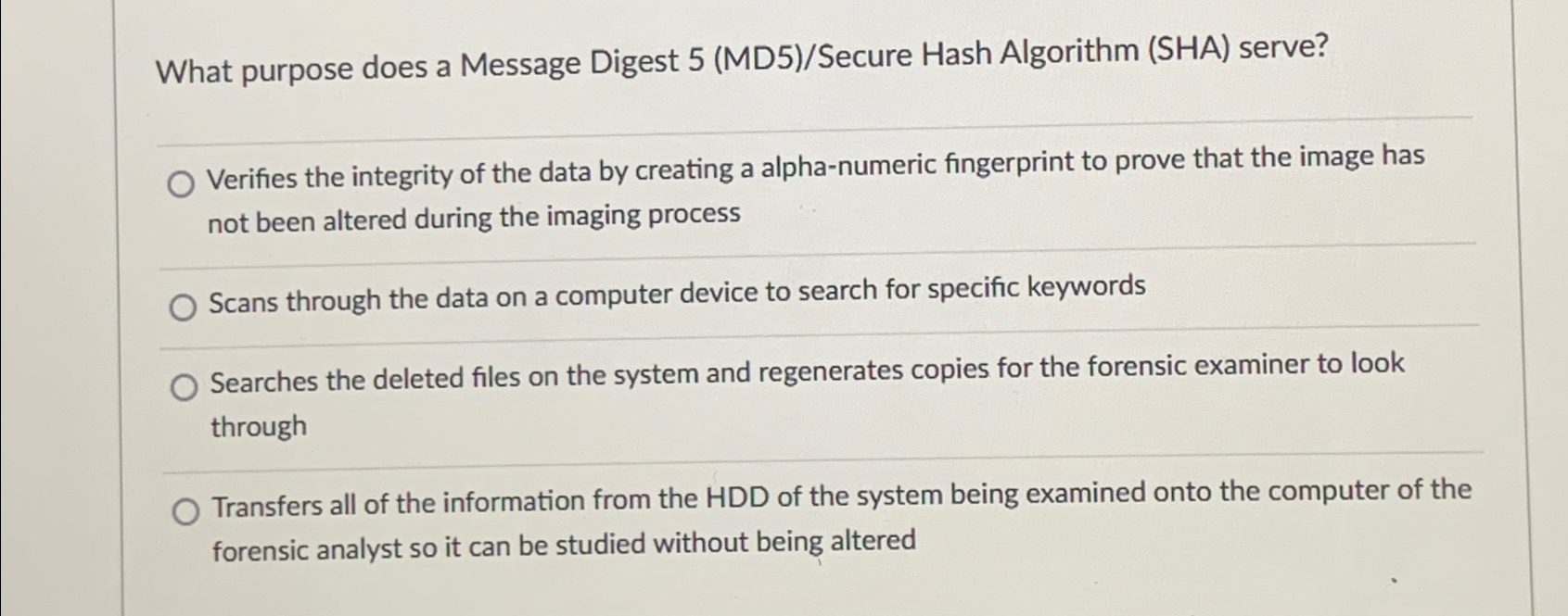 Solved What Purpose Does A Message Digest 5 Md5 Secure