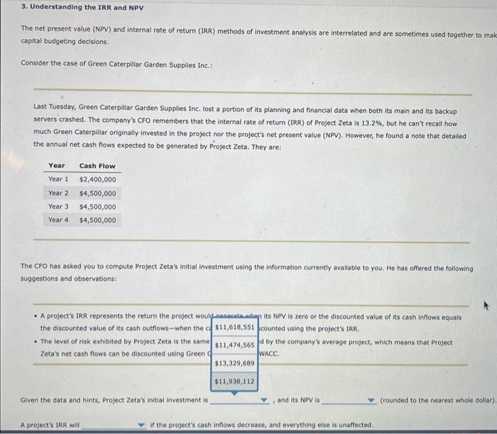 Solved 3. Understanding the IRR and NPV The net present | Chegg.com