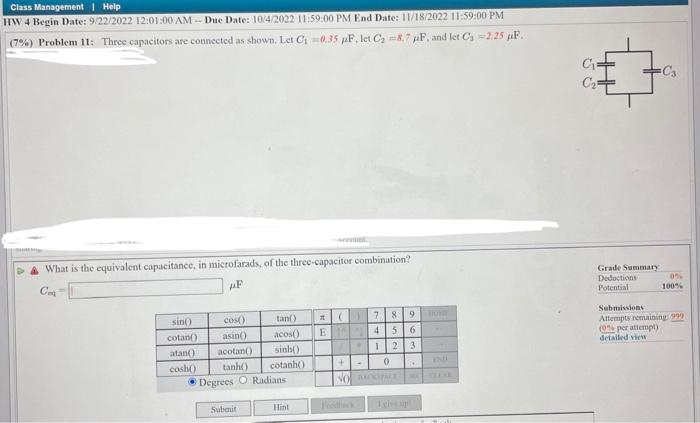 Solved 7\%) Problem 11: Three capacitors are connected as | Chegg.com
