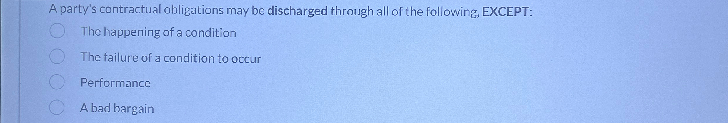 Solved A party's contractual obligations may be discharged | Chegg.com