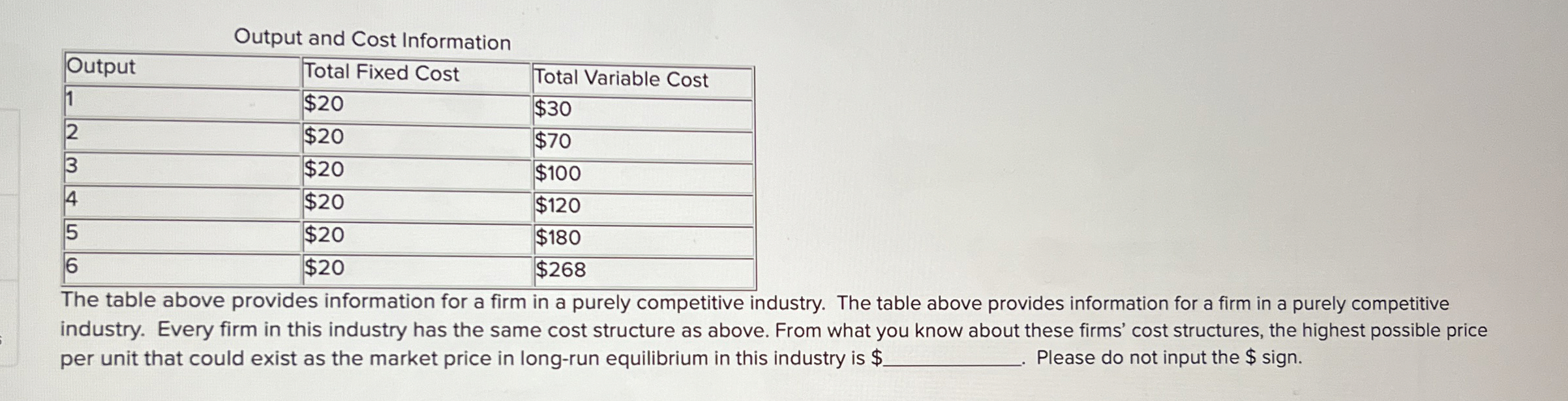 Solved Output and Cost Information\table[[Output,Total Fixed | Chegg.com