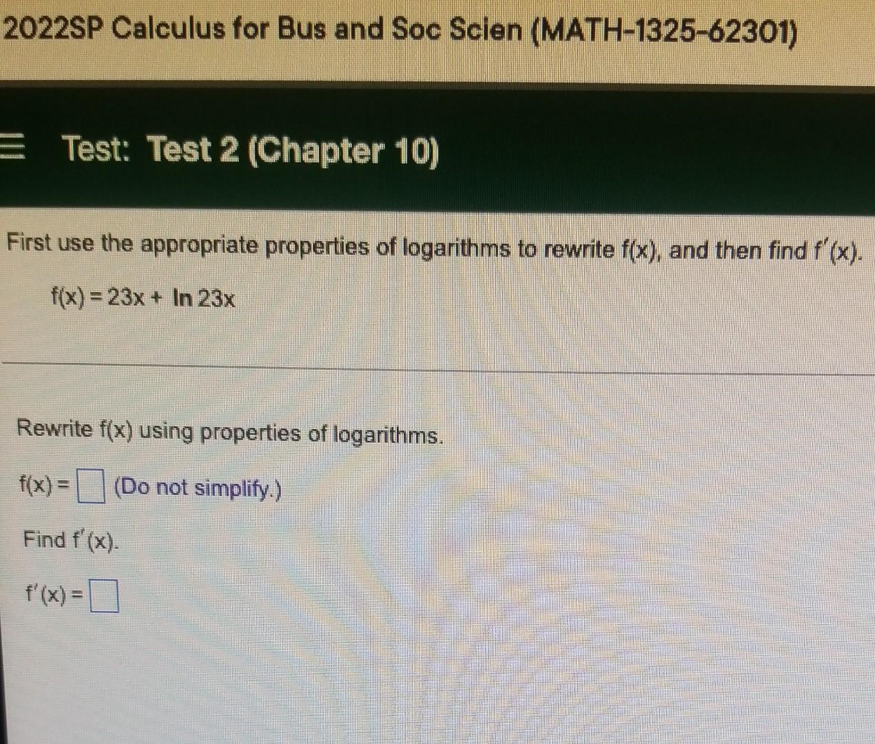 Solved 2022SP Calculus for Bus and Soc Scien | Chegg.com