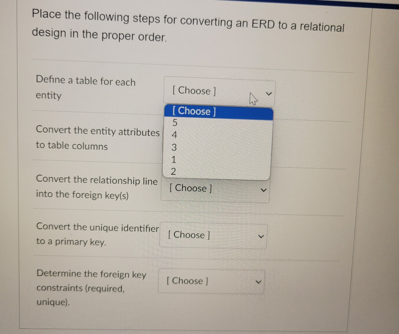 Solved Place the following steps for converting an ERD to a | Chegg.com