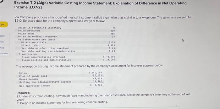 Solved Exercise 7-2 (Algo) Variable Costing Income | Chegg.com