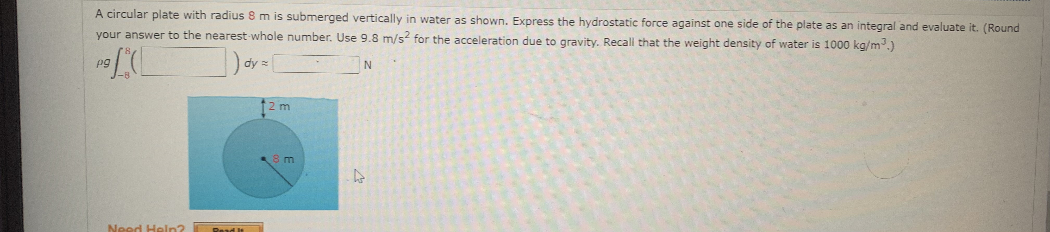 Solved A circular plate with radius 8m ﻿is submerged | Chegg.com