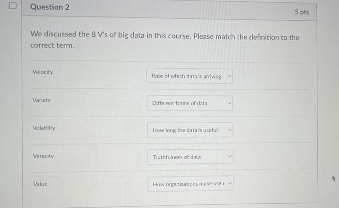 Solved We discussed the 8 V 's of big data in this course. | Chegg.com