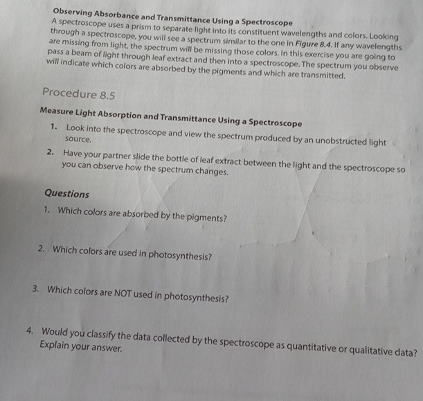 Solved Observing Absorbance and Transmittance Using a | Chegg.com