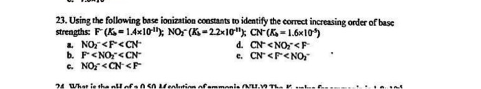 Solved 23. Using the following base ionization constants to | Chegg.com