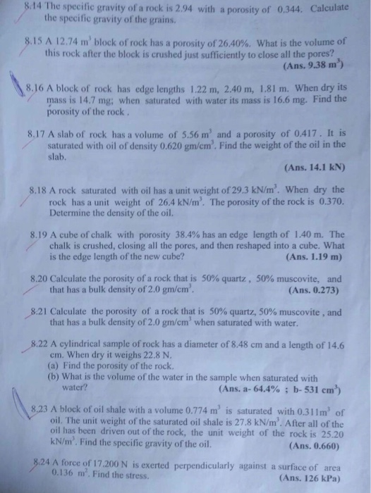 Solved 8.14 The specific gravity of a rock is 2.94 with a | Chegg.com