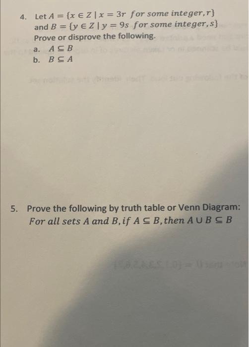 Solved 4. Let A = {x EZ x = 3r for some integer,r} and B = | Chegg.com